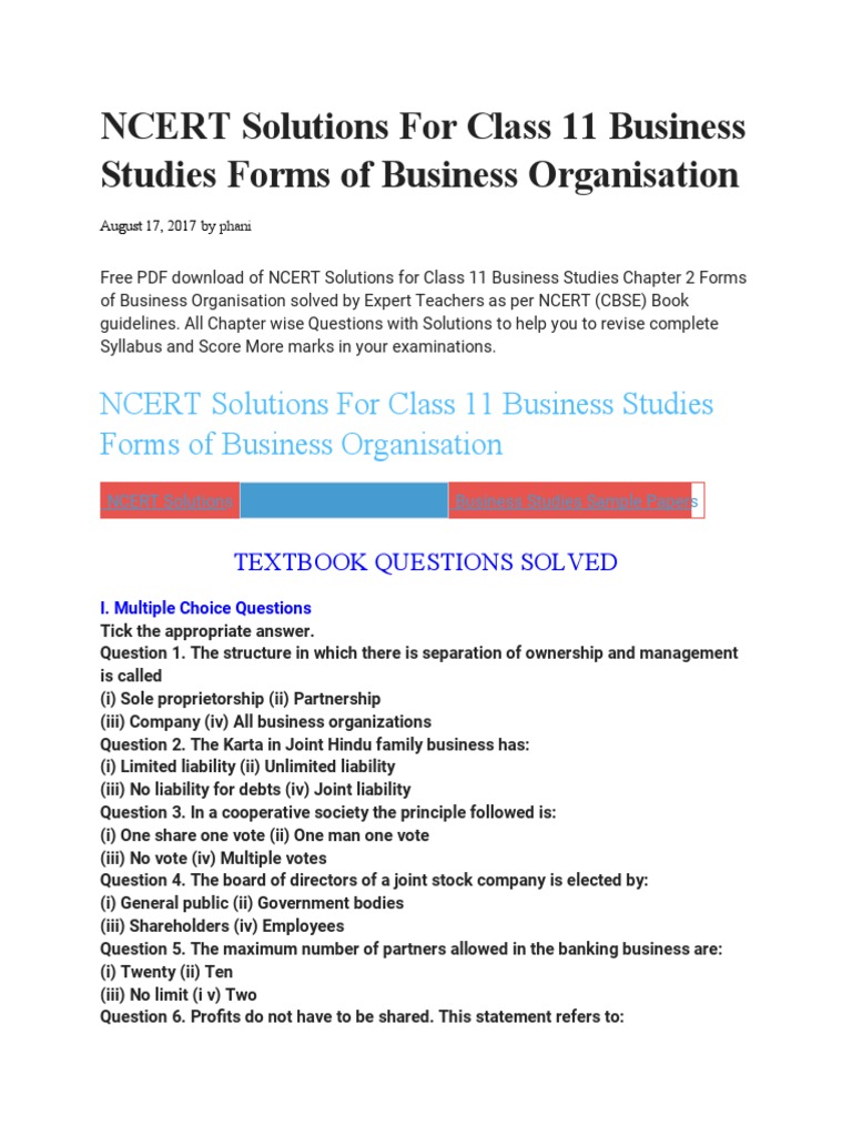 NCERT Solutions For Class 11 Business Studies Forms of Business ...