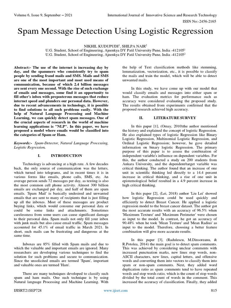 Spam Detection with Logistic Regression | PDF | Statistical ...