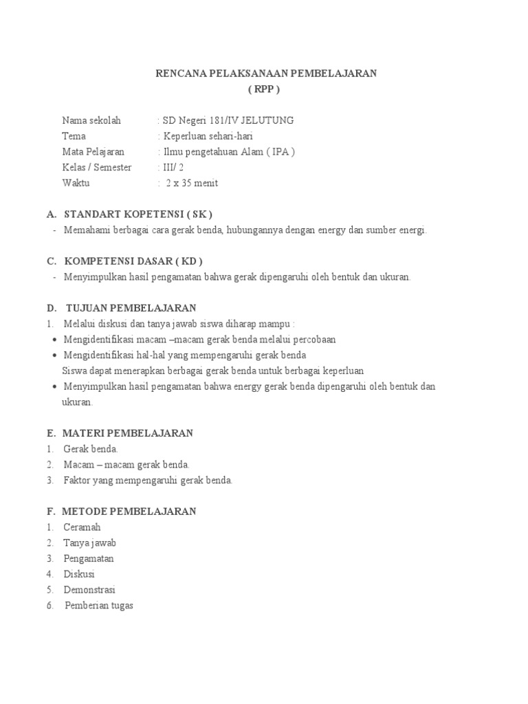 Gerak Benda: RPP IPA Kelas 3 SD | PDF
