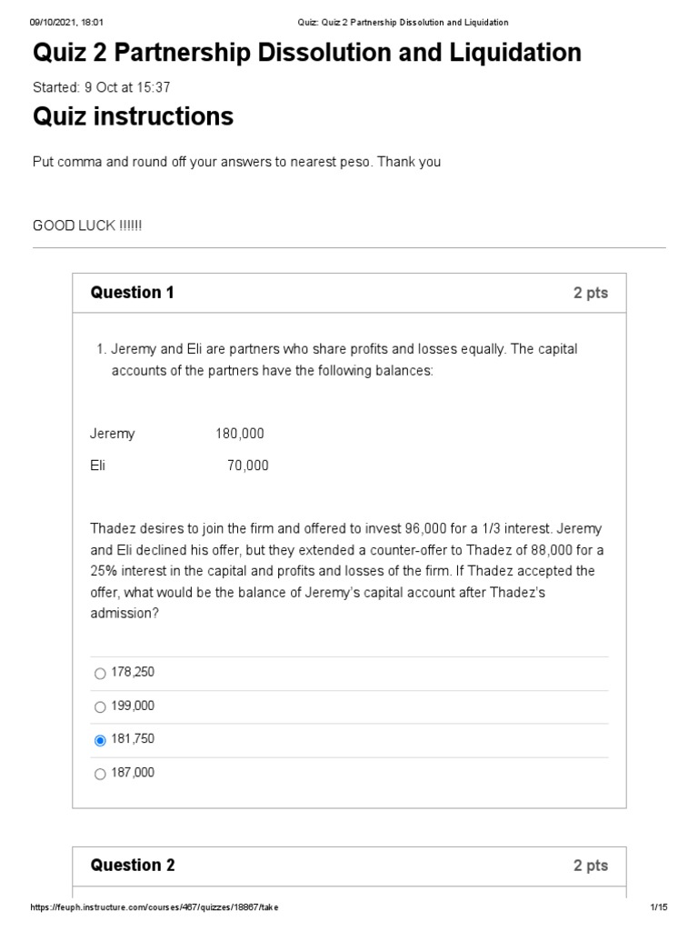Quiz - Quiz 2 Partnership Dissolution and Liquidation Answers | PDF | Partnership | Book Value
