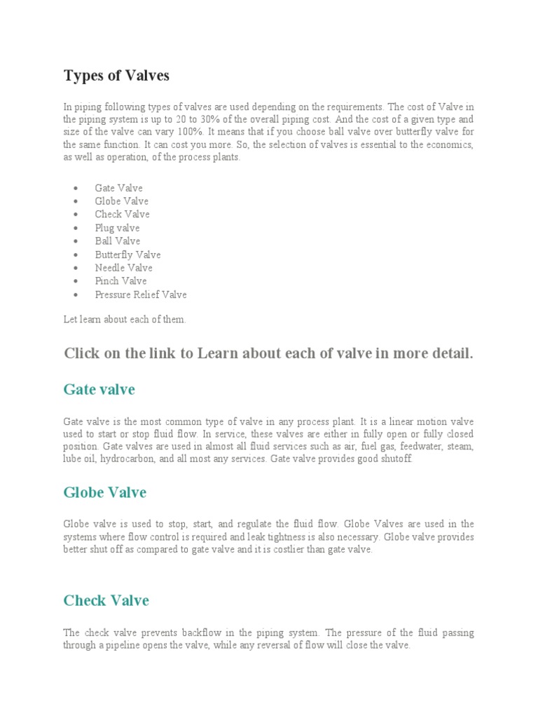 Types of Valves: Click On The Link To Learn About Each of Valve in More ...