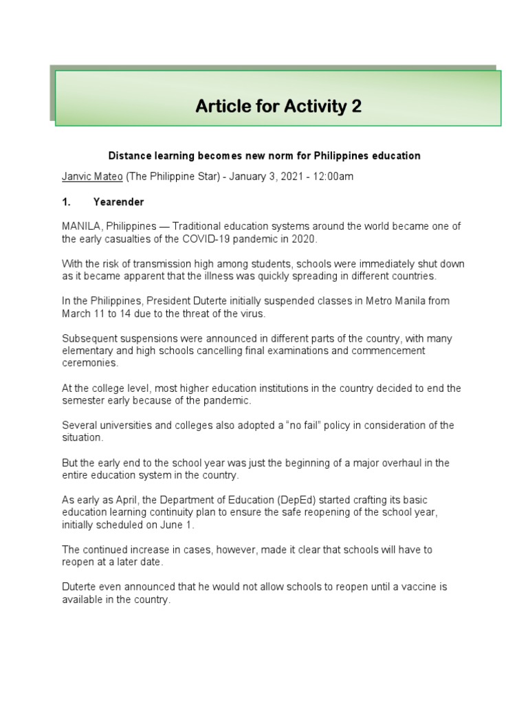 Distance Learning Becomes New Norm For Philippines Education | PDF ...