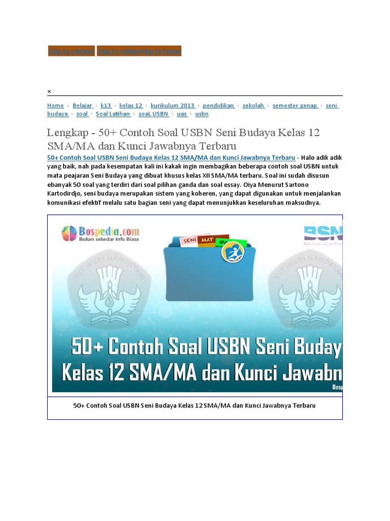 Lengkap - 50+ Contoh Soal USBN Seni Budaya Kelas 12 SMA/MA Dan Kunci Jawabnya Terbaru | PDF