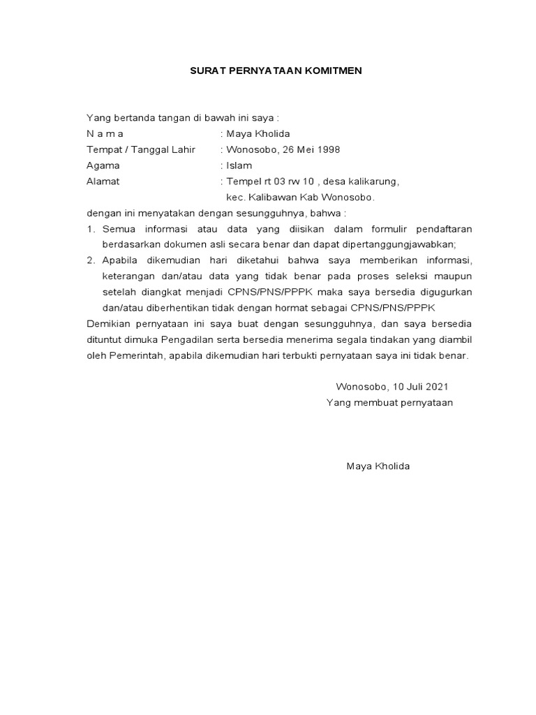 Contoh Surat Pernyataan Komitmen | PDF