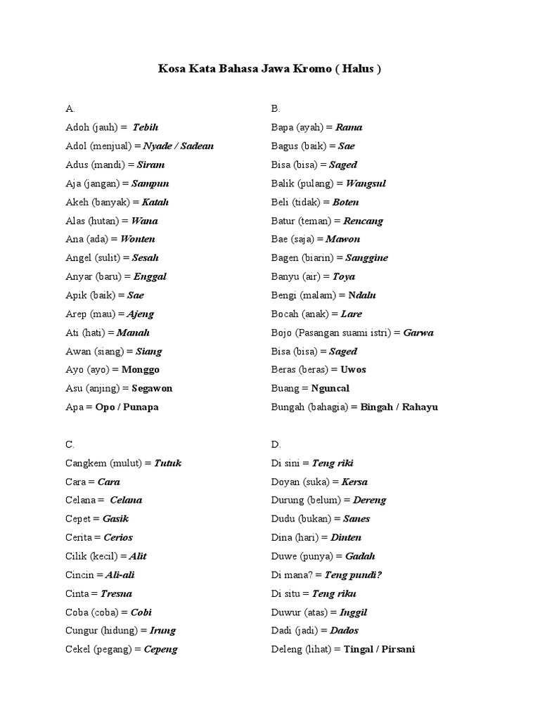 KOSA KATA BAHASA JAWA KROMO (HALUS) | PDF