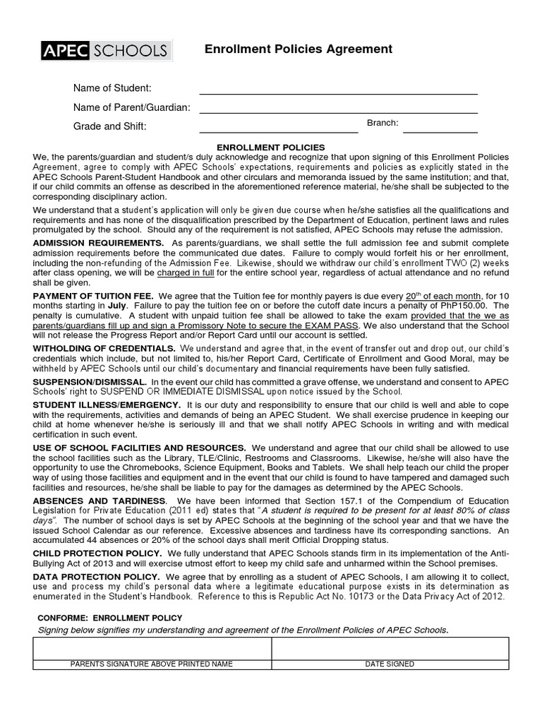 Enrollment Policies Agreement: Name of Student: Name of Parent/Guardian ...