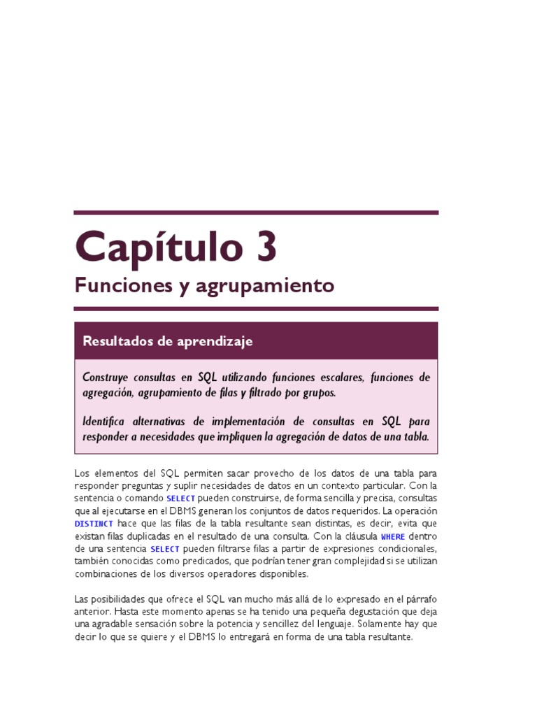 Capítulo 3 - Funciones y Agrupamiento | PDF | SQL | Bases de datos
