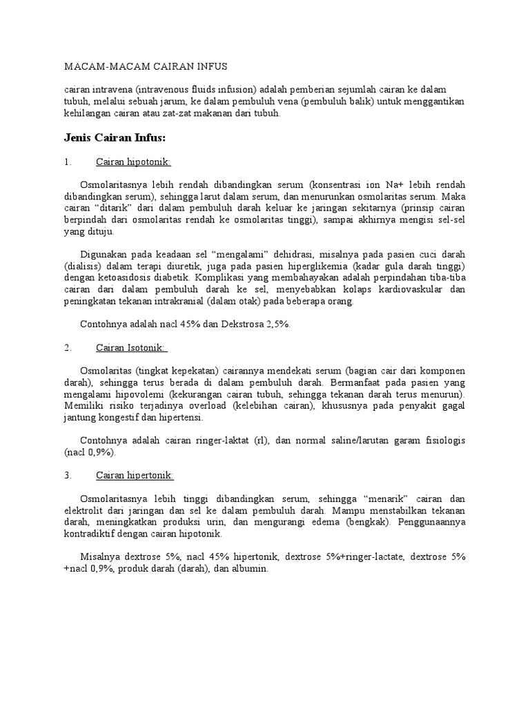 Jenis dan Fungsi Cairan Infus Medis | PDF | Sains & Matematika ...