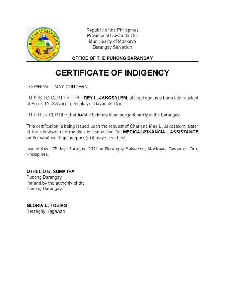 Certificate of Indigency | PDF