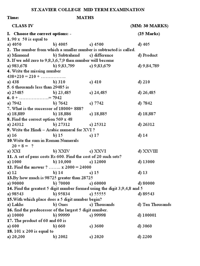 Maths - 30 Marks-Iv | PDF | Subtraction | Elementary Mathematics