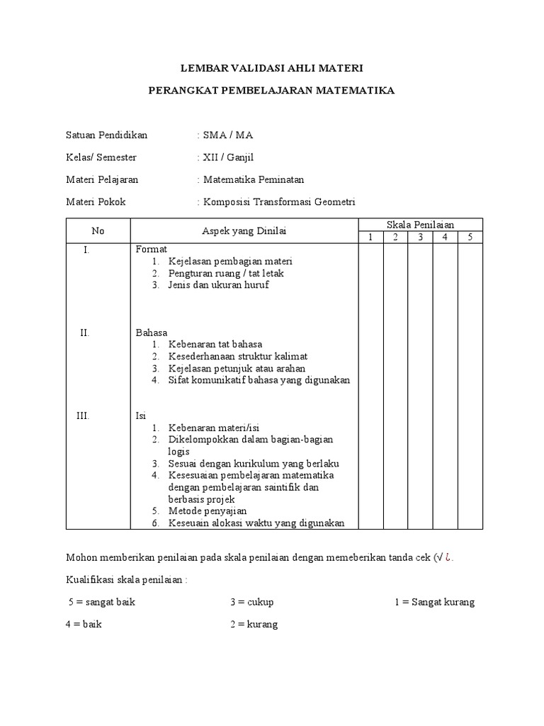 Lembar Validasi Ahli Materi | PDF