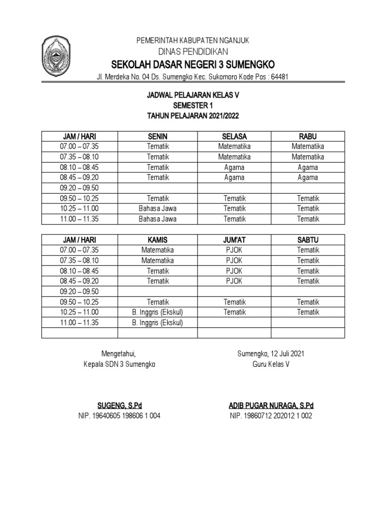 Jadwal Kelas 5 Per Mapel | PDF