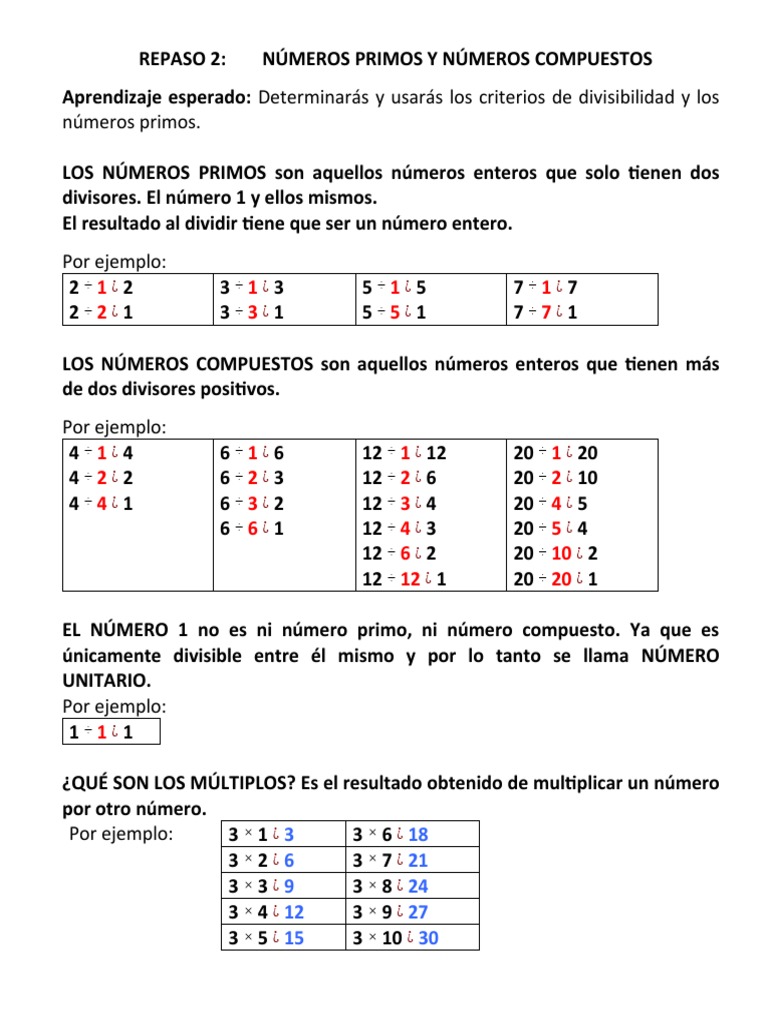 Repaso 2 Numeros Primos y Compuestos | PDF | Notación Matemática ...