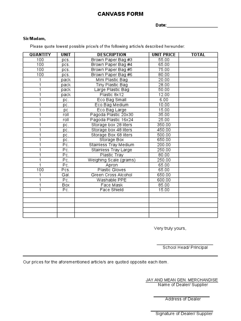 CANVASS FORM Merchandise | PDF | Consumer Goods | Freight Transport