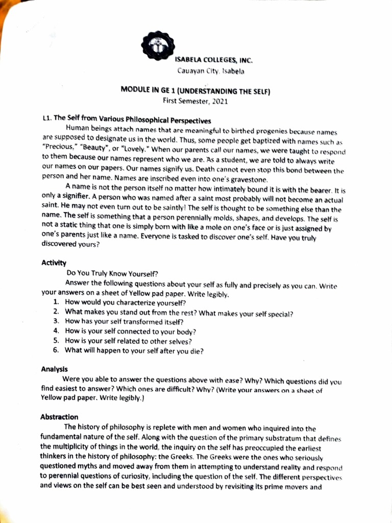 GE 1 - Understanding The Self | PDF | Philosophy Of Self | Soul