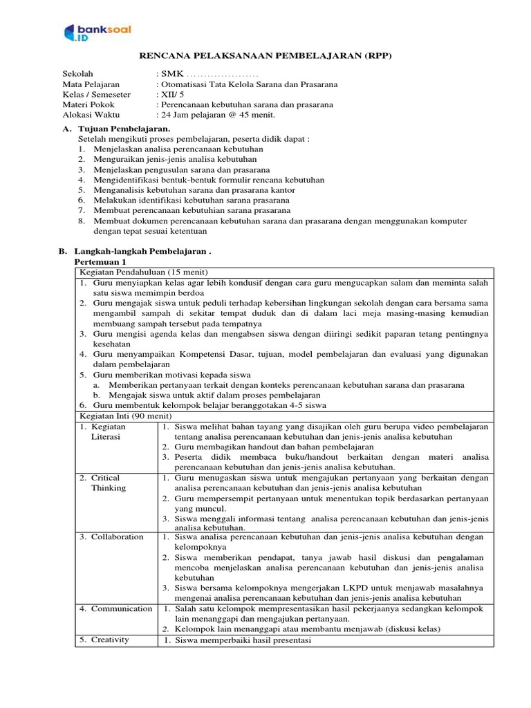 RPP OTK SARPRAS KELAS XI SMK SEMESTER GANJIL TAHUN 2021 2022 Bank-Soal - Id | PDF