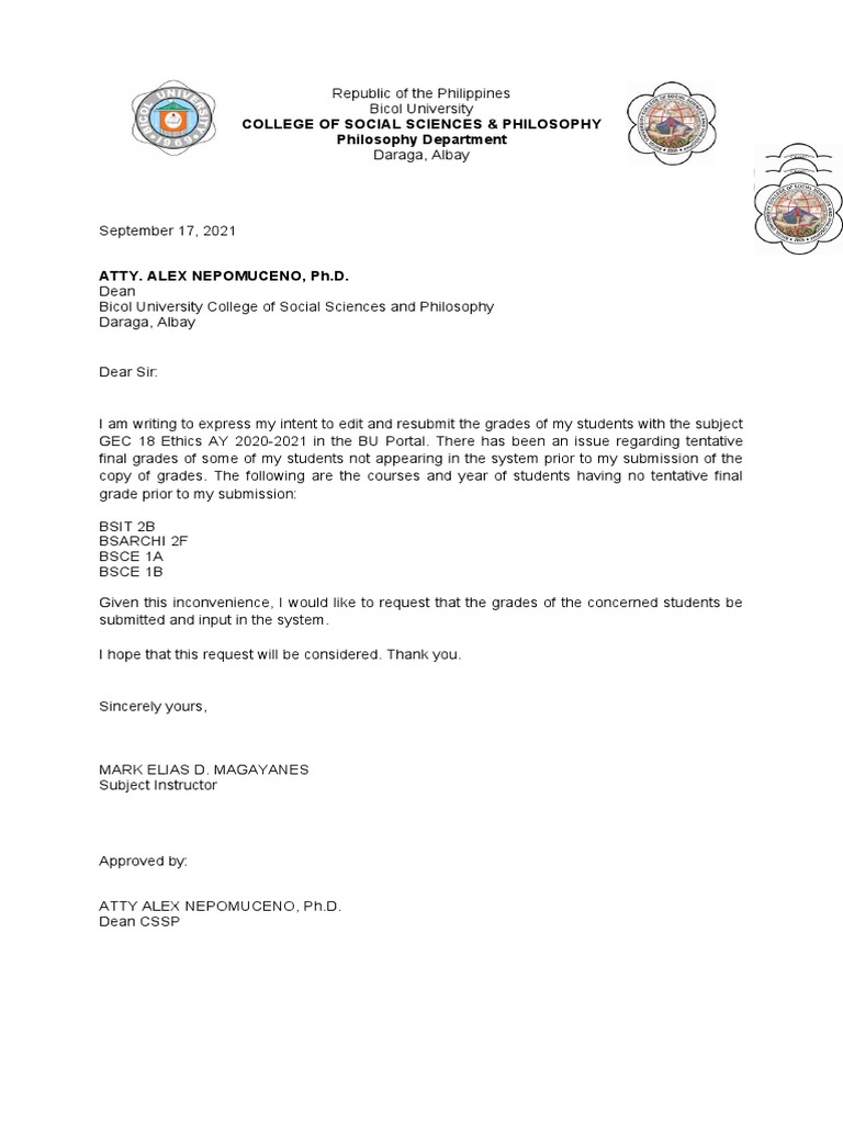 Letter To Dean Grades Input | PDF