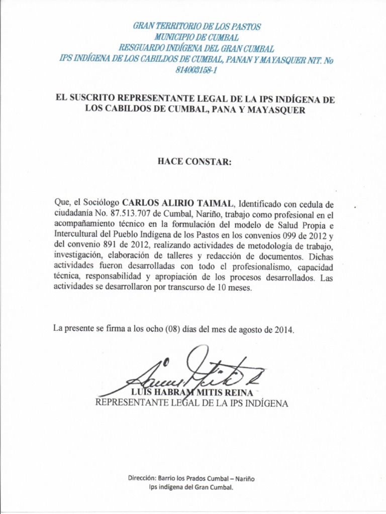 Certificado Laboral IPS Indigena Cumbal | PDF