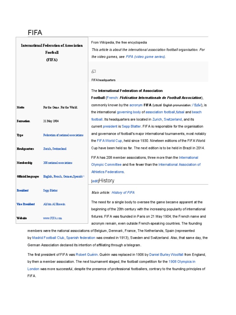 International Federation of Association Football (FIFA) : History | PDF ...