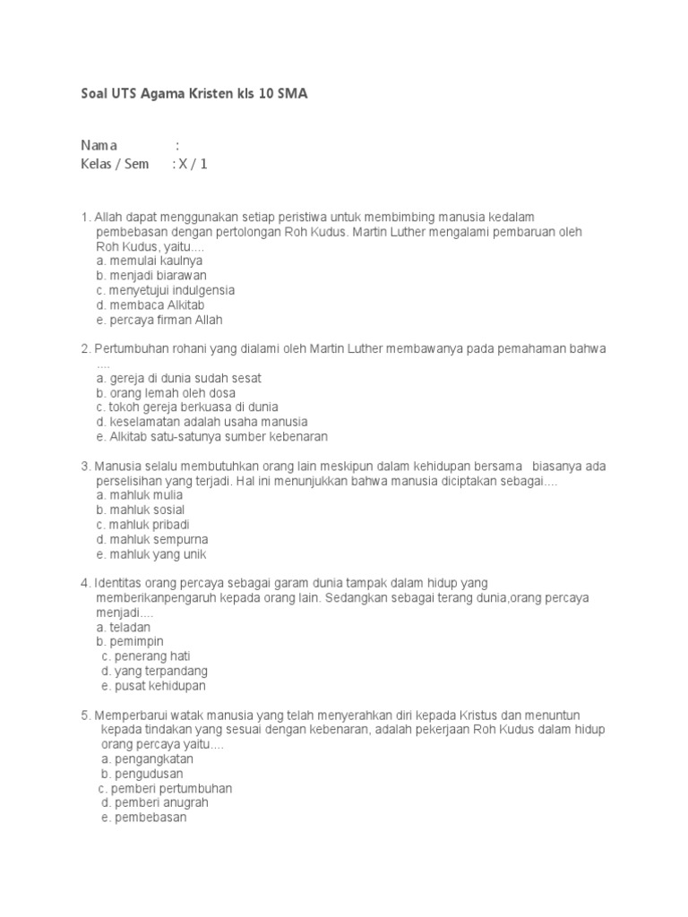 Soal UTS Agama Kristen Kls 10 SMA | PDF
