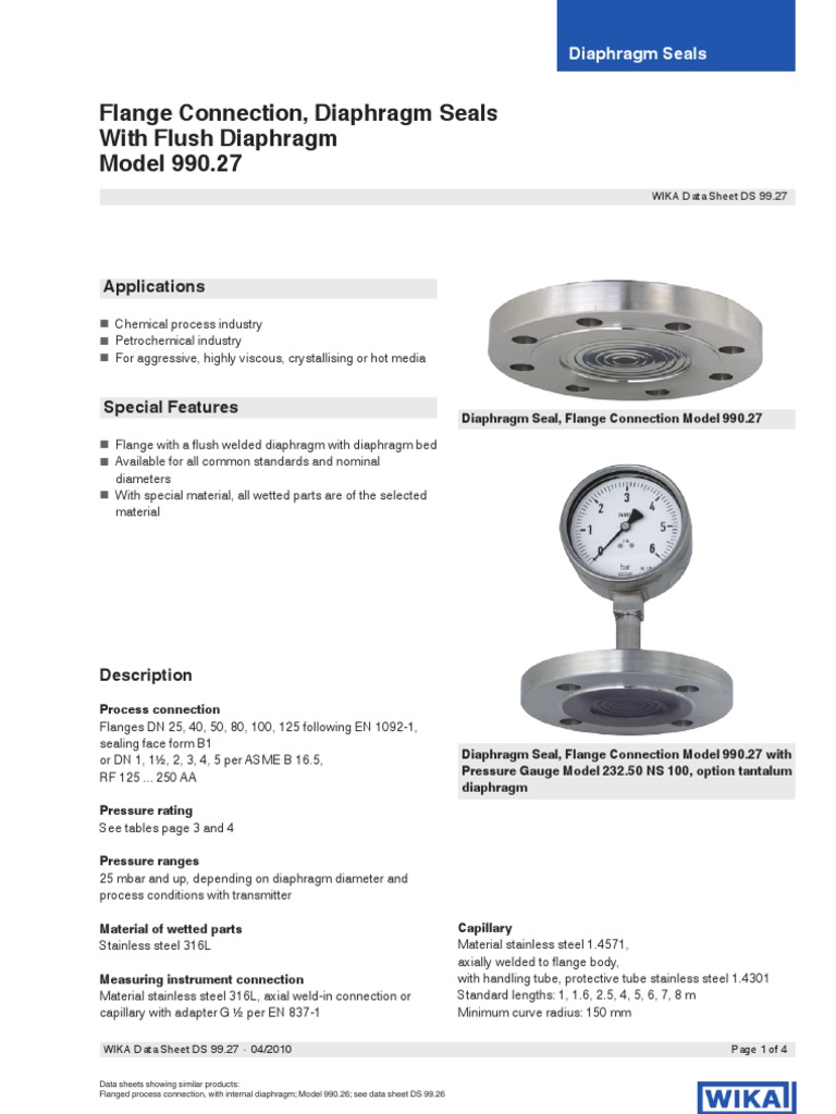 Wika Diaphragm Seal, Flange Connection Model 990.27 | PDF | Pipe (Fluid ...
