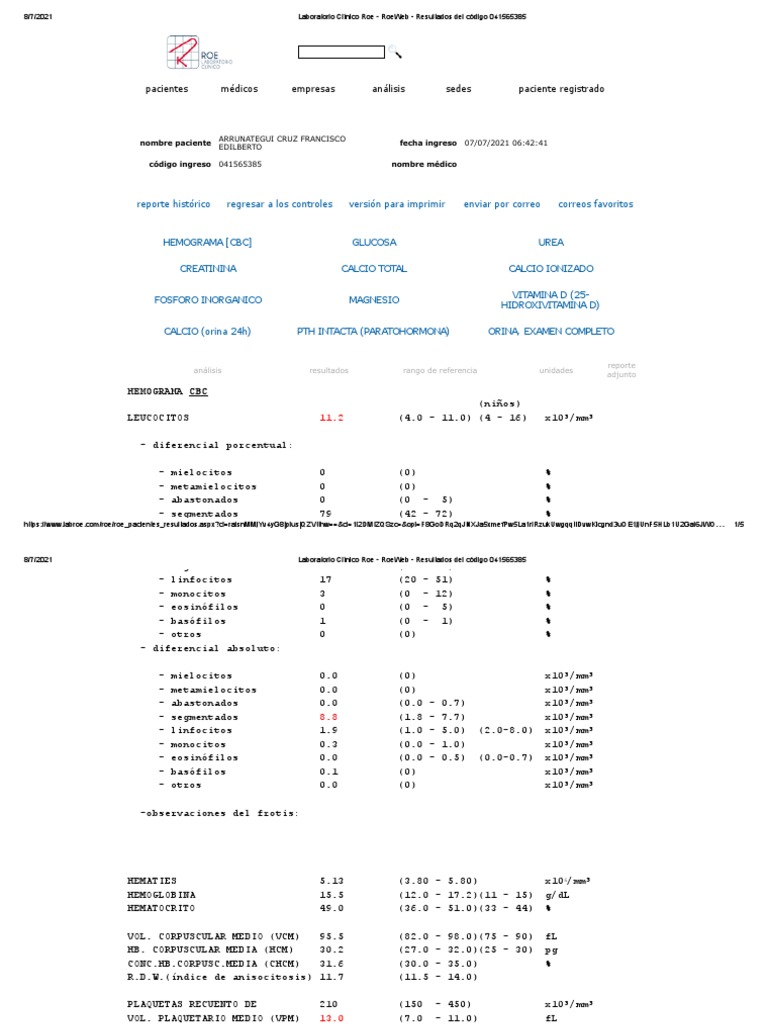Laboratorio Clínico Roe - RoeWeb - Resultados Del Código 041565385 ...