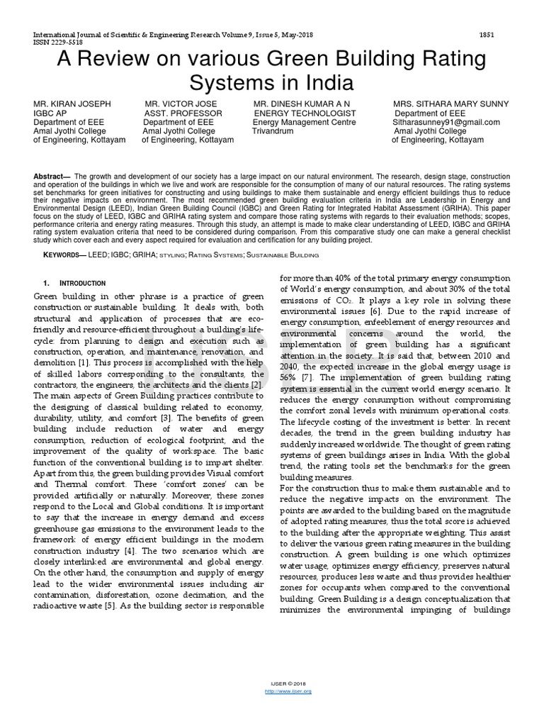 A Review On Various Green Building Rating Systems in India 1 | PDF ...