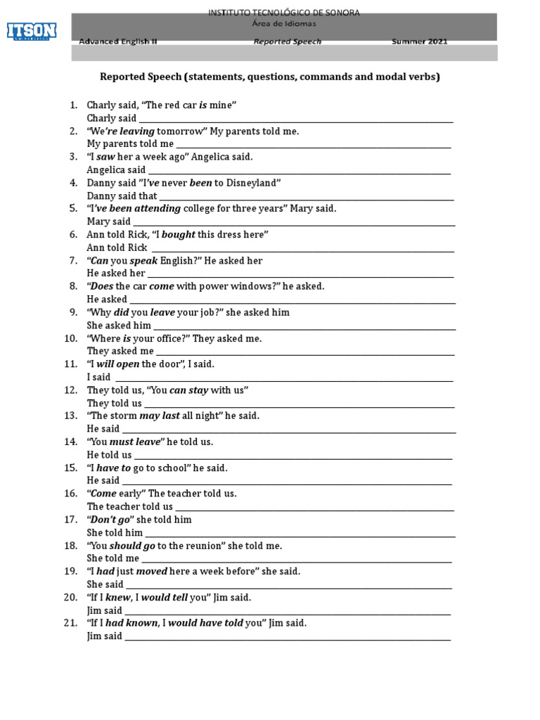 Reported Speech Charts (HANDOUT 7) | PDF | Linguistics | Languages