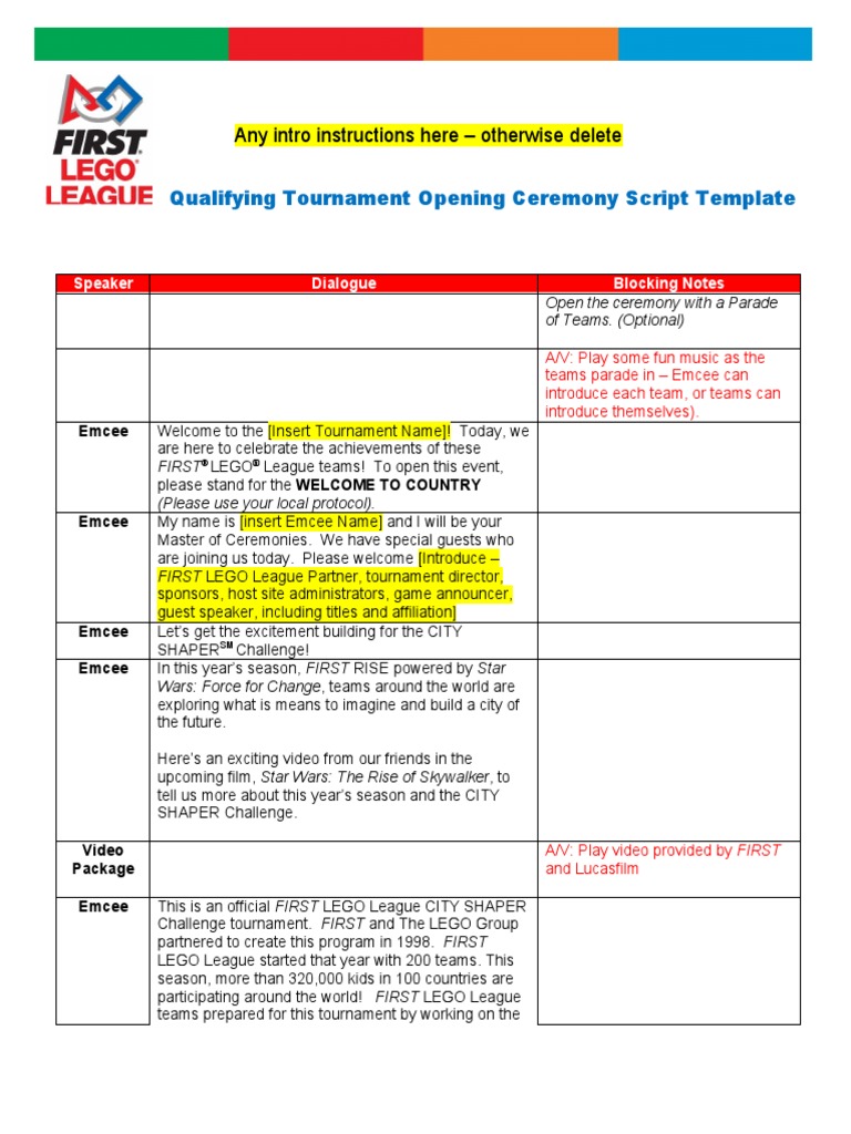 Qualifying Tournament Opening Ceremony Script Template: Any Intro ...