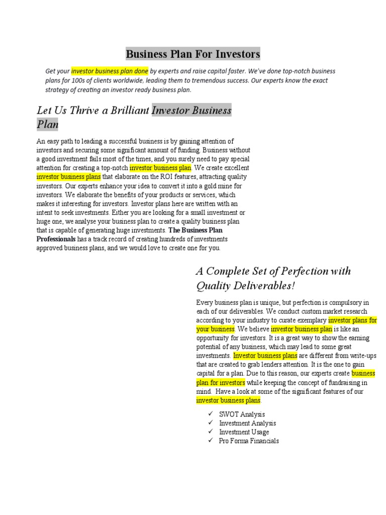 Expert Investor Business Plans for Funding | PDF | Investor | Investing