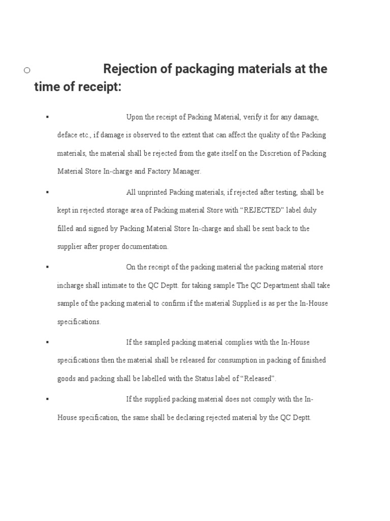 Rejection of Packaging Materials at The Time of Receipt | PDF