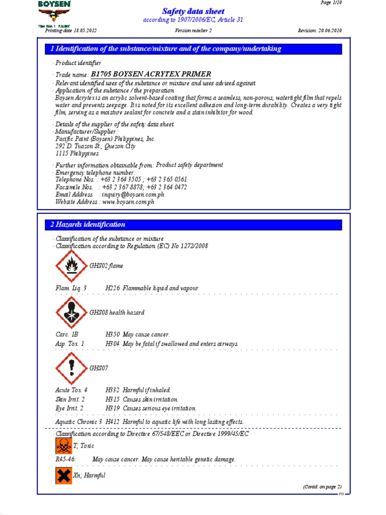 Boysen Acrytex Primer B1705 Safety Data | PDF | Dangerous Goods | Toxicity