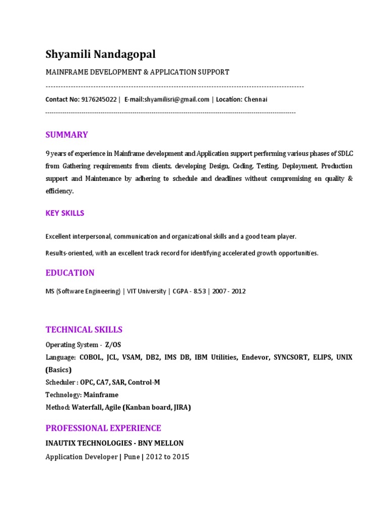 CV Shyamili Nandagopal Mainframe | PDF | Debit Card | Financial Transaction
