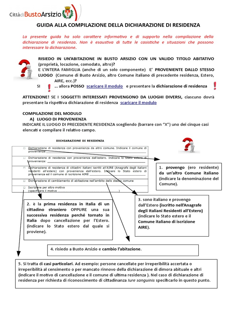 Guida Compilazione Dichiarazione Residenza | PDF