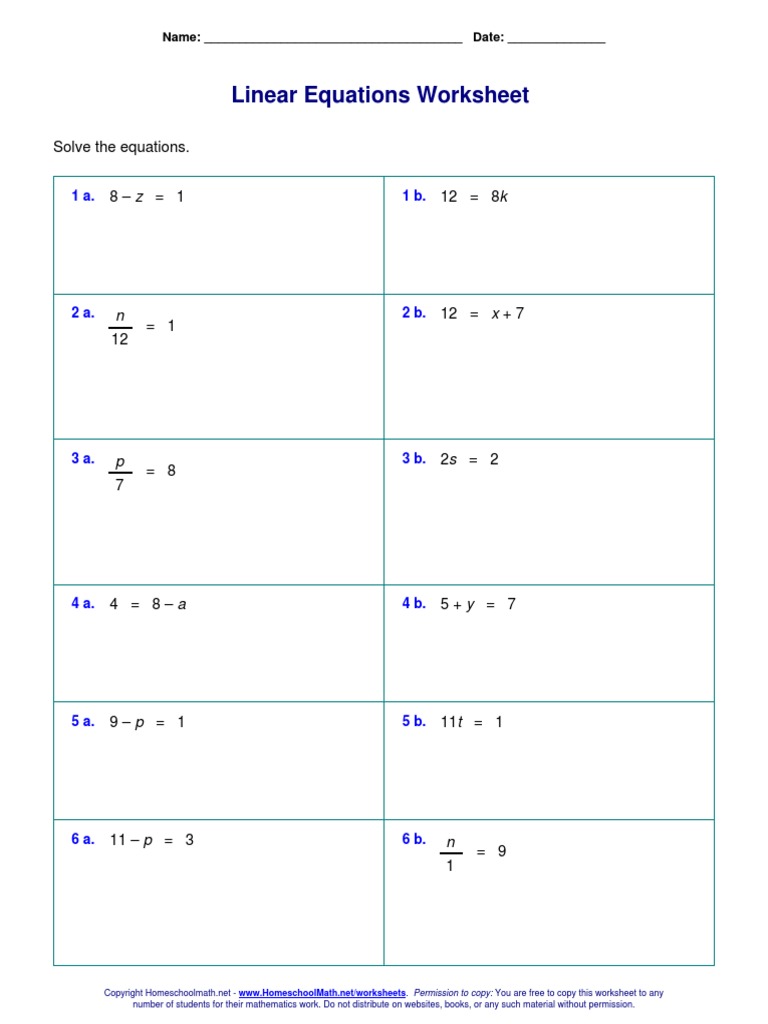 Linear Equations Worksheet | PDF | Mathematics | Equations