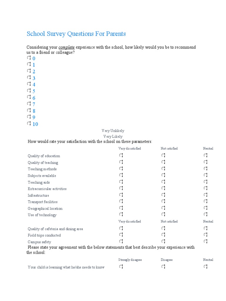School Survey Questions For Parents | PDF | Schools | Teachers