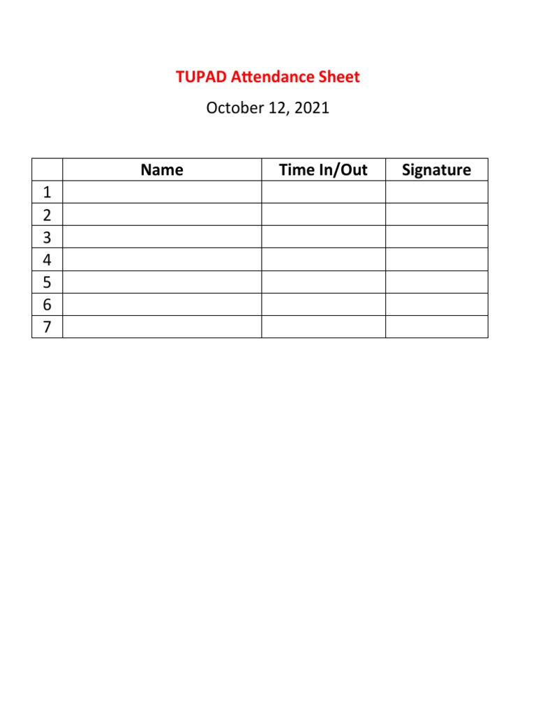 TUPAD Attendance Sheet | PDF