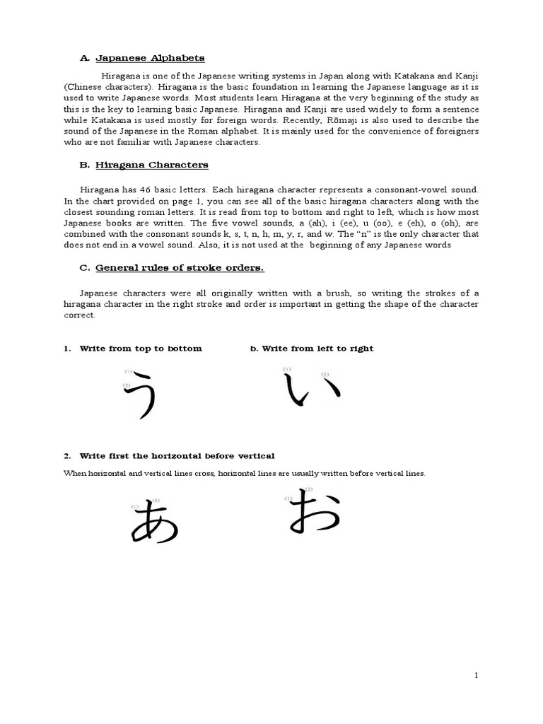 A. Japanese Alphabets: 1. Write From Top To Bottom B. Write From Left ...