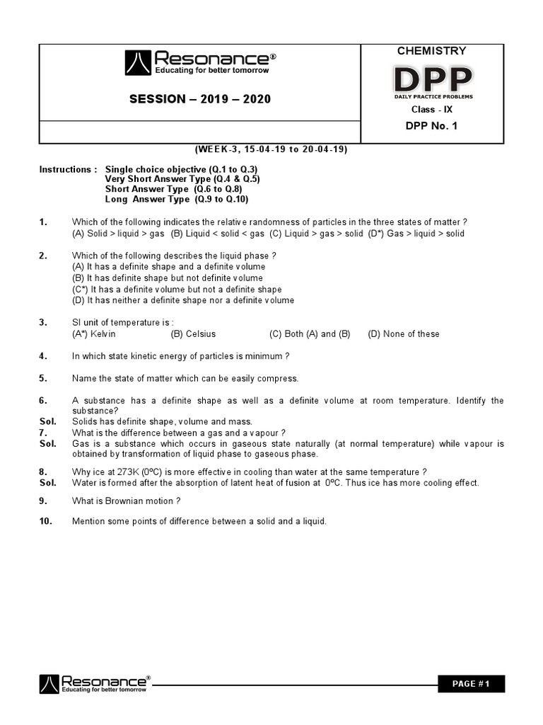 Class 9th DPP-1 | PDF | Gases | Solution