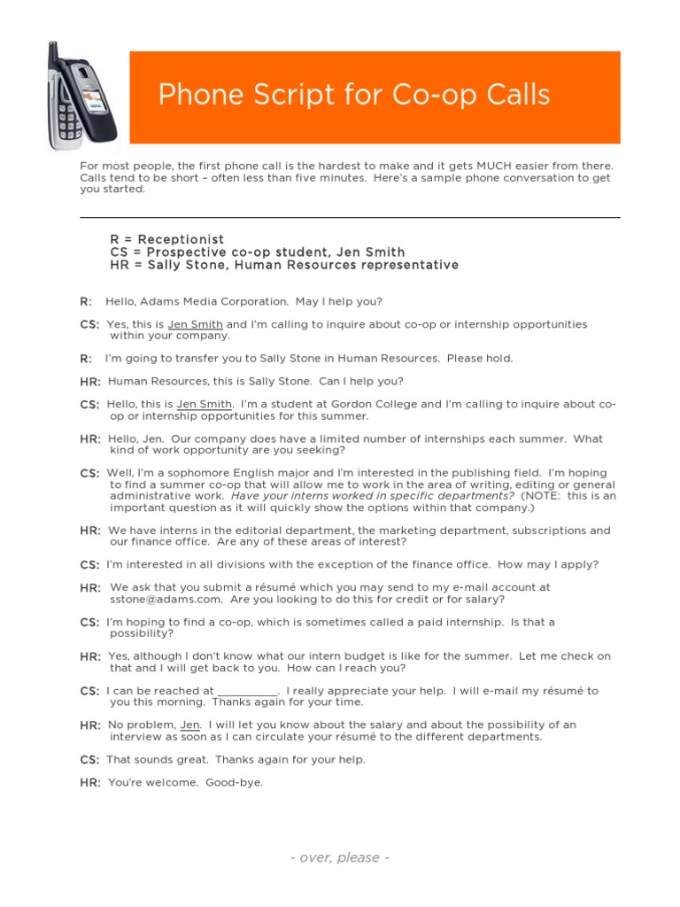 Phone Script For Co-Op Calls | Descargar gratis PDF | Internship | Job ...