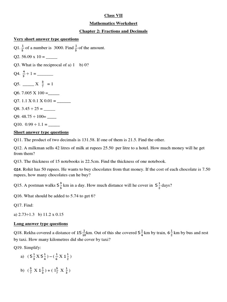 Class VII Mathematics Worksheet Chapter 2: Fractions and Decimals Very ...