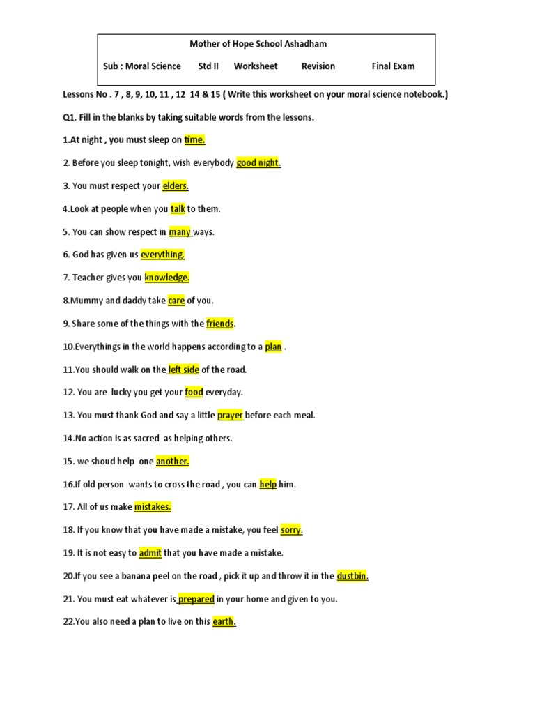 Final Exam Moral Worksheet STD II | PDF | Language Arts & Discipline