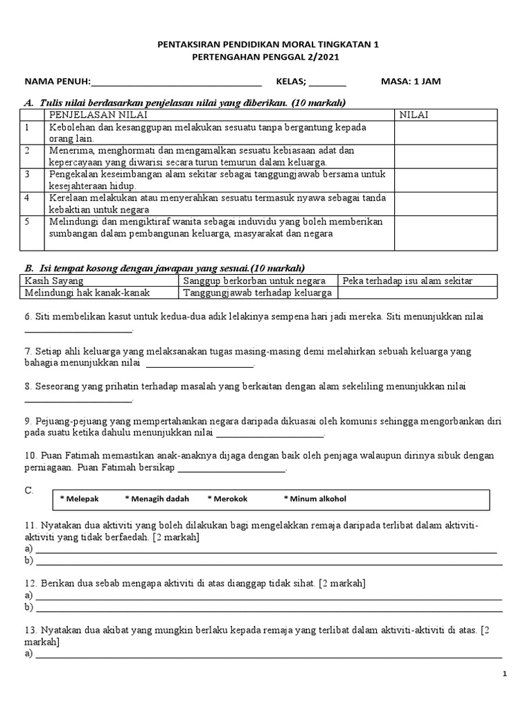 Pentaksiran Moral Tingkatan 1 2021 | PDF | Karier & Perkembangan ...