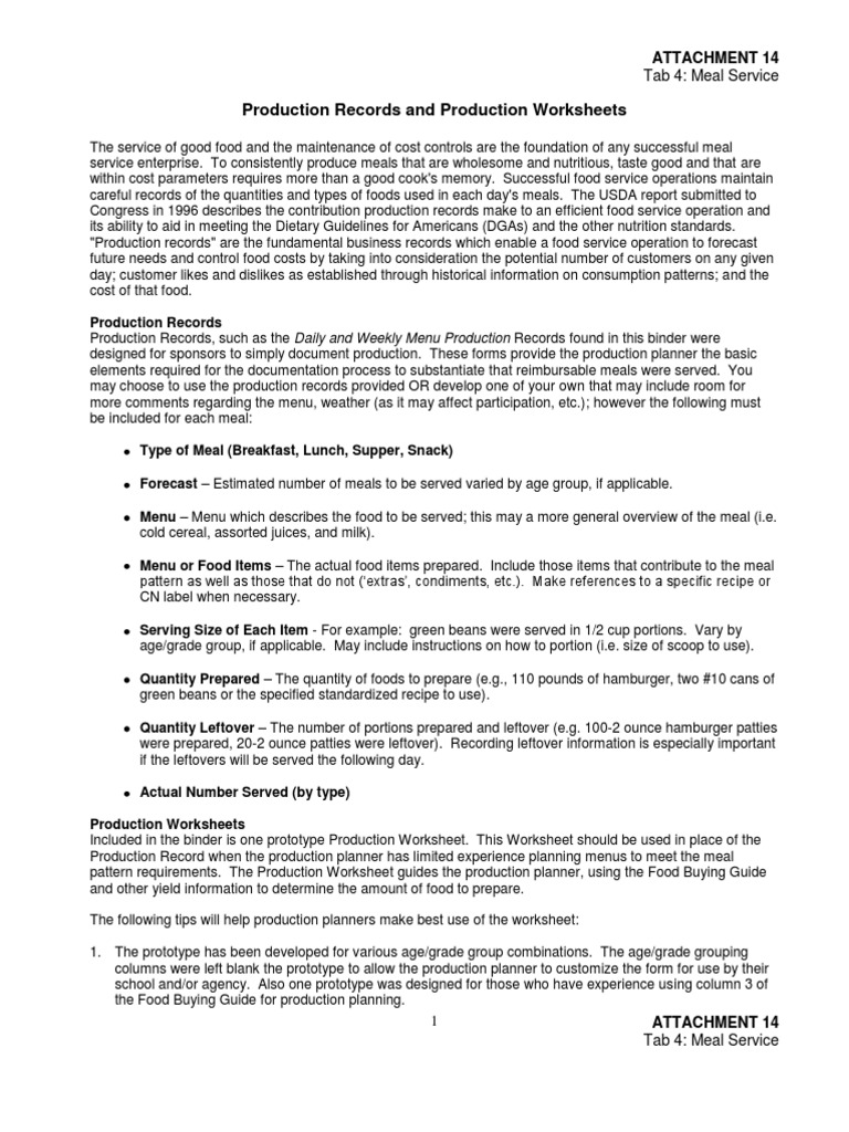 Production Worksheet - Pom | PDF | Meal | Nutrition