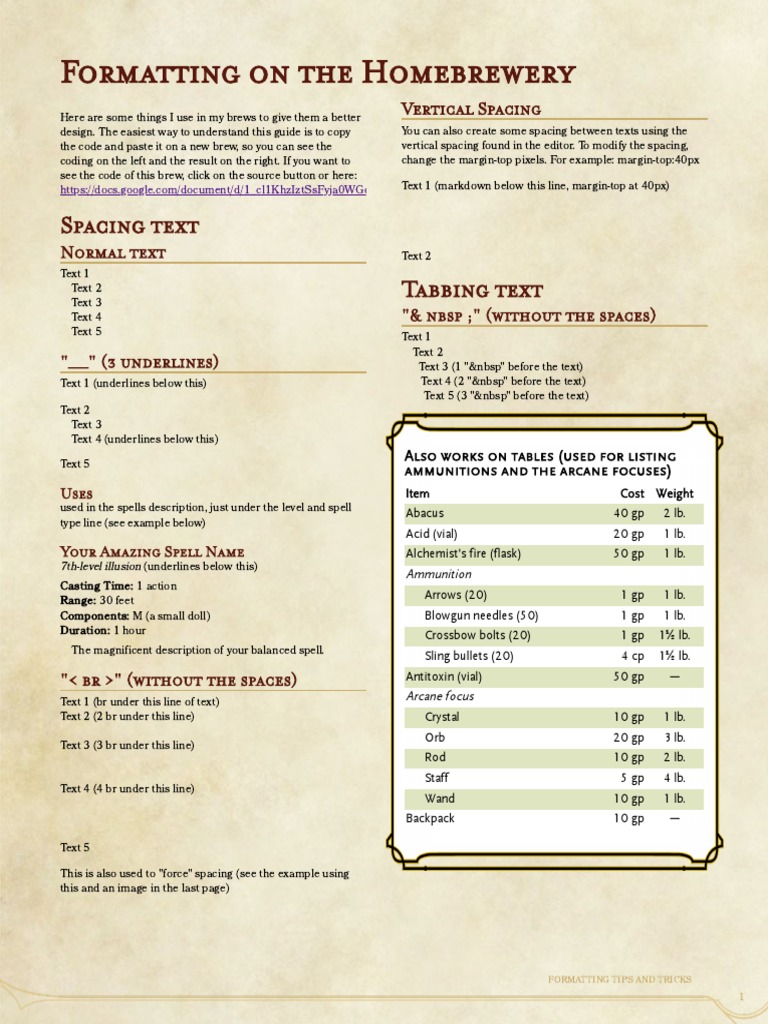Formatting On The Homebrewery | PDF
