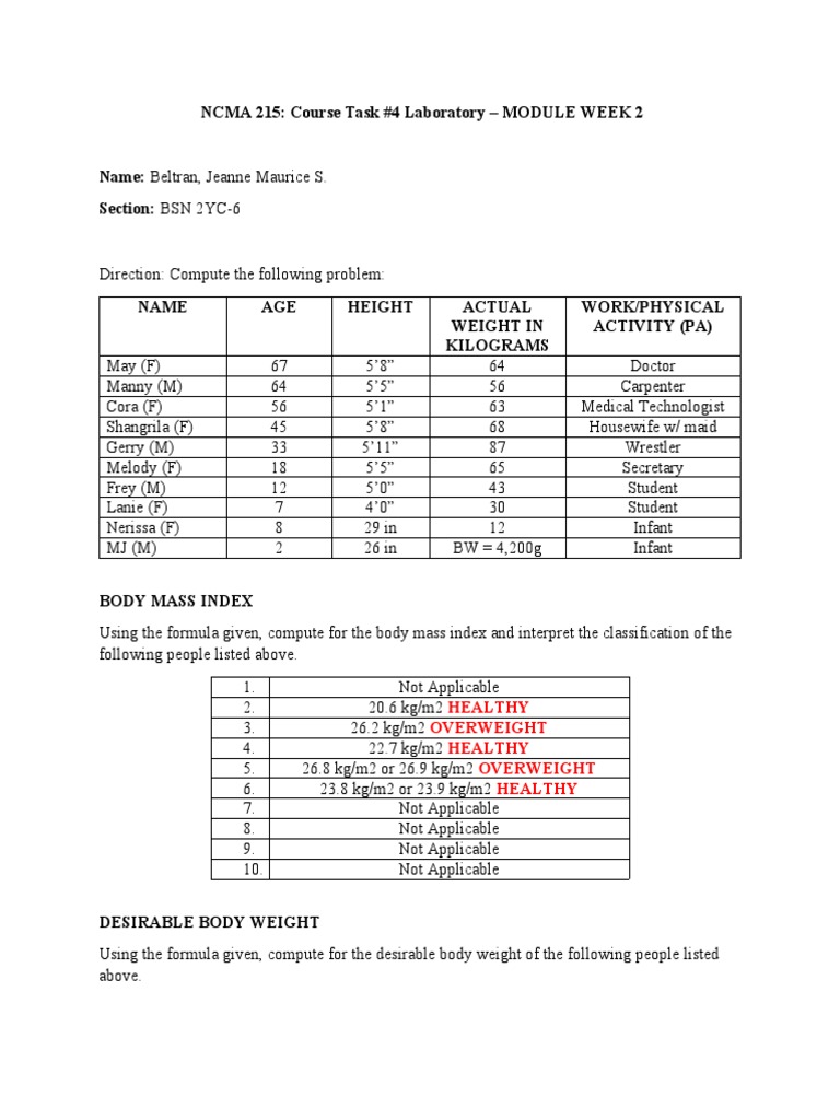 NCMA 215: Course Task #4 Laboratory - MODULE WEEK 2: Healthy Overweight Healthy Overweight ...