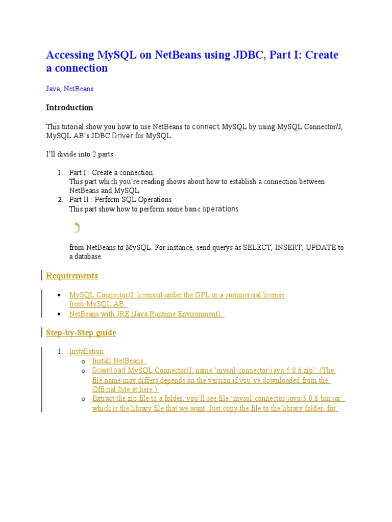 Accessing Mysql On Netbeans Using Jdbc Part I Create A Connection Pdf My Sql Library