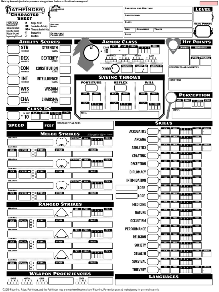 Fillable Pathfinder 2e Character Sheet | PDF | Gary Gygax Games ...