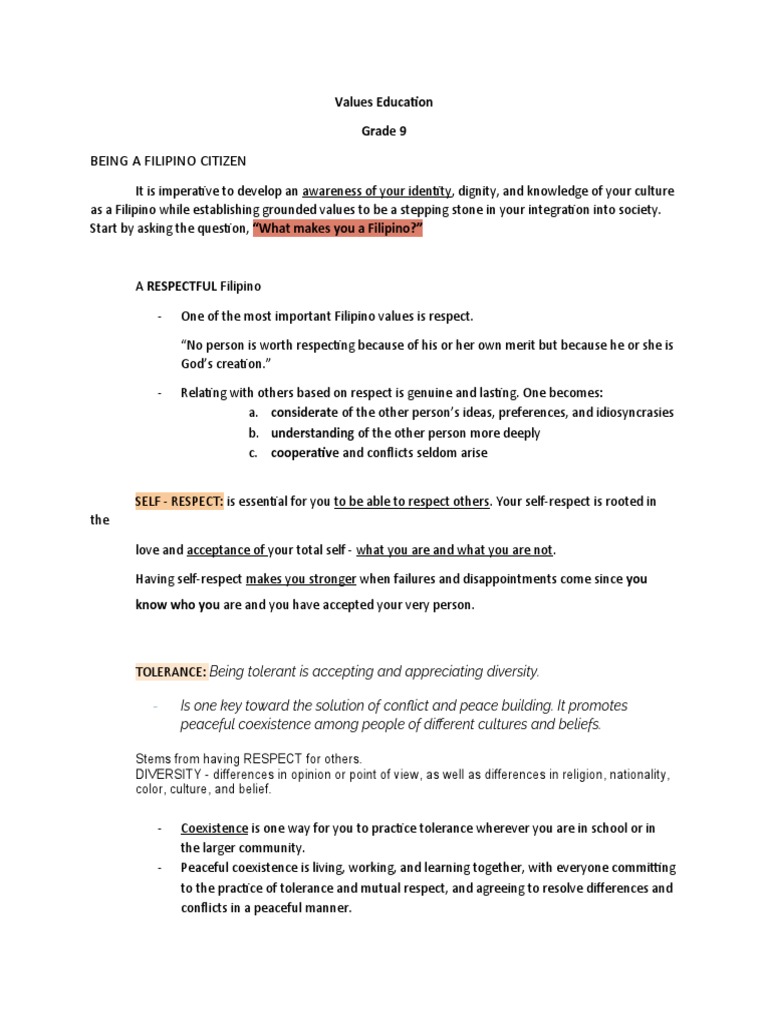 Being A Filipino Citizen: Values Education Grade 9 | PDF | Value ...