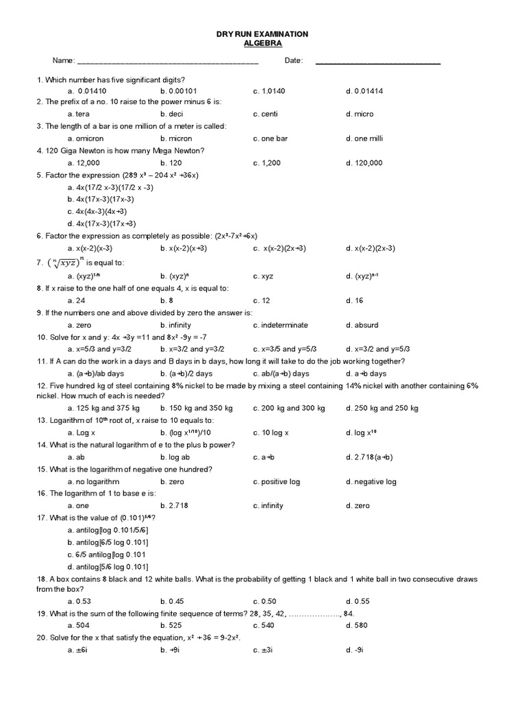 Algebra Dry Run Examination: An Accurate Title for an Algebra Practice ...